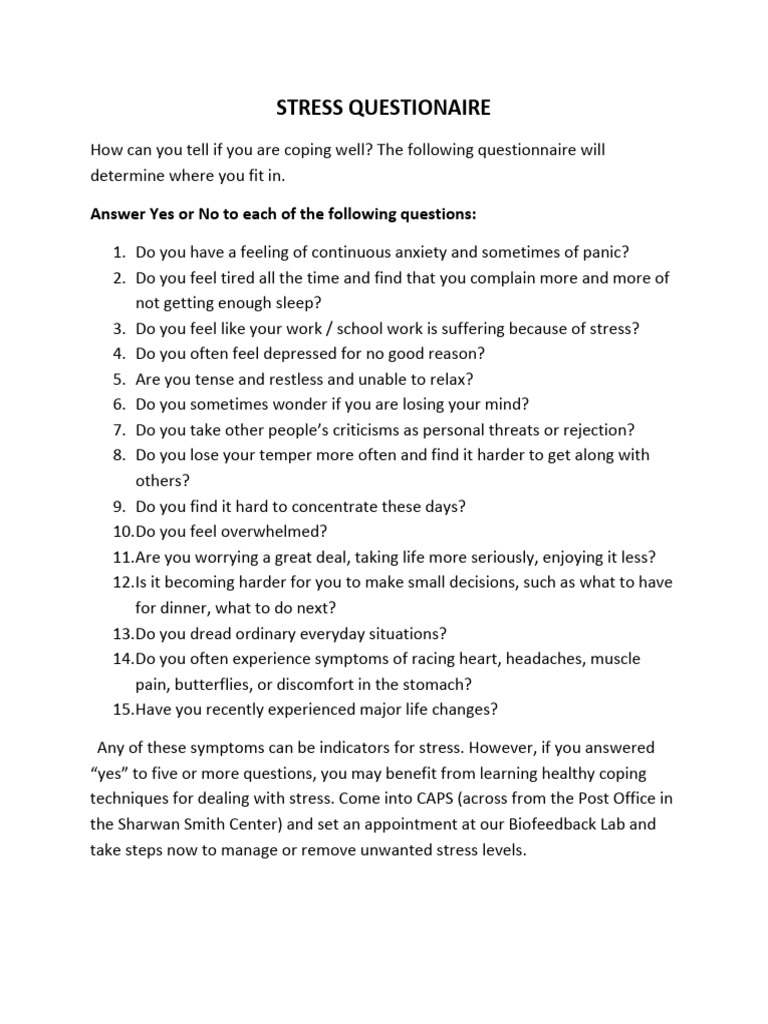 Stress Questionnaire | PDF Stress Questionnaire | PDF