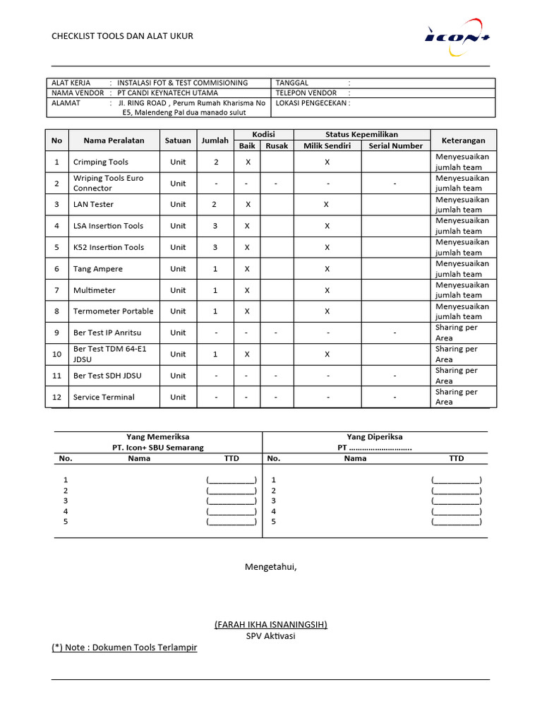 05.check List Tools & Alat Ukur - FOT & Testcomm | PDF