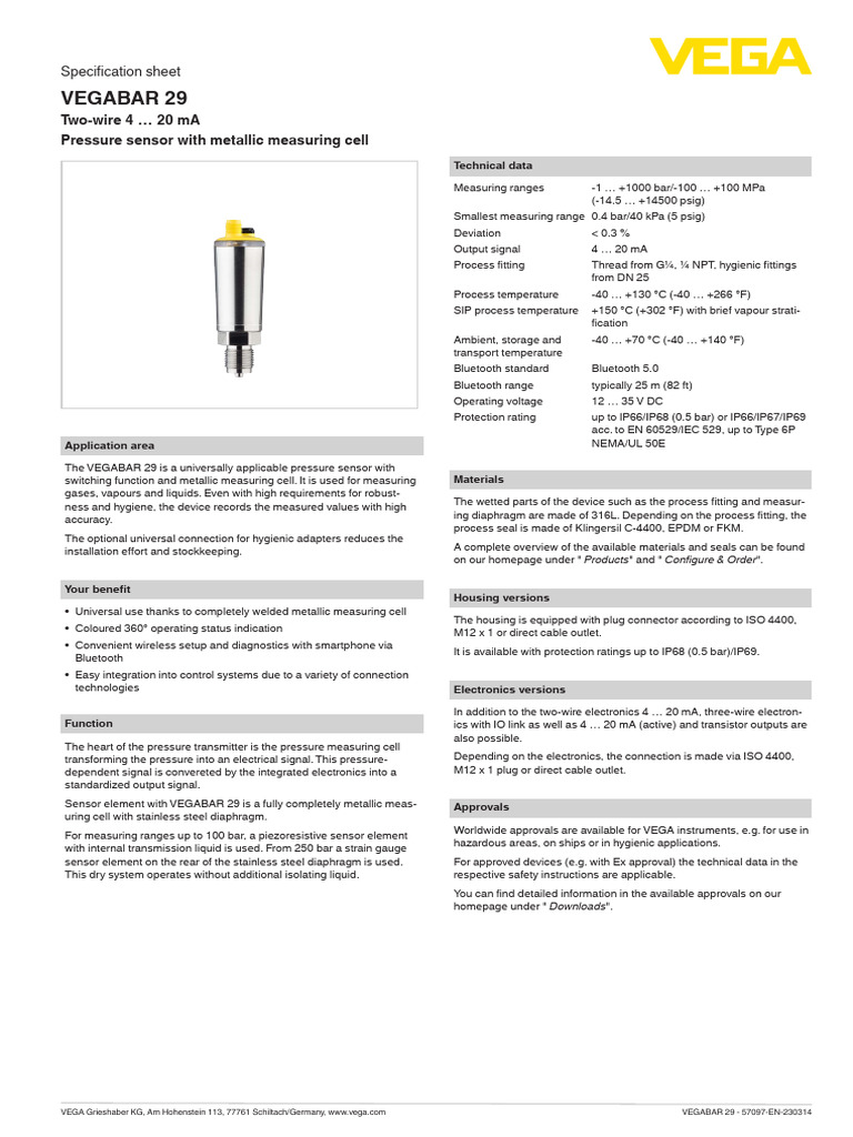 EN Specification Sheet VEGABAR 29 Two Wire 4 20 Ma 1 | Download Free PDF | Quantity | Units Of ...