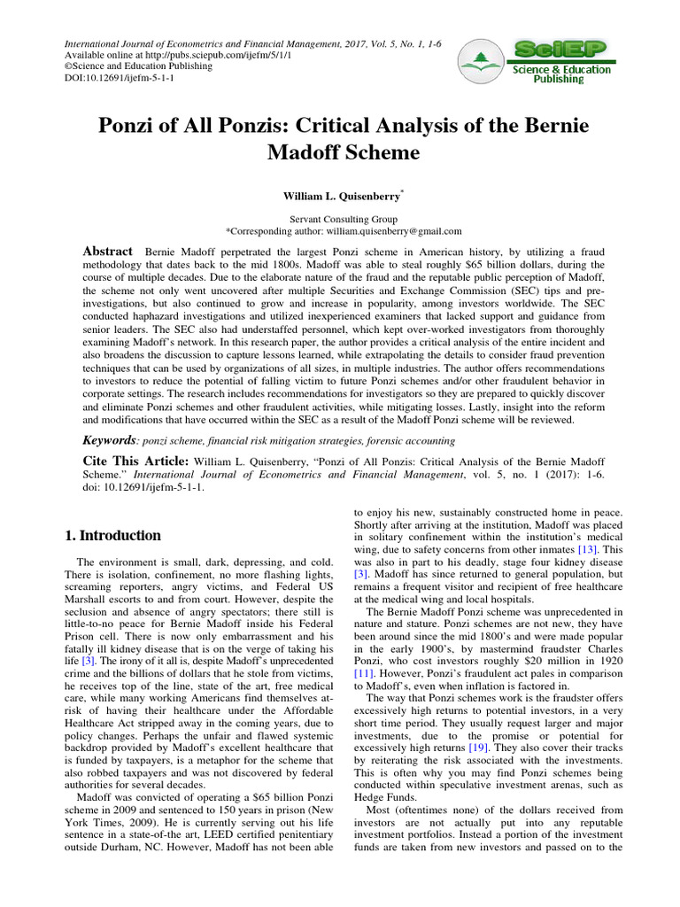 Analysis of the Bernie Madoff Ponzi Scheme | PDF | U.S. Securities And ...