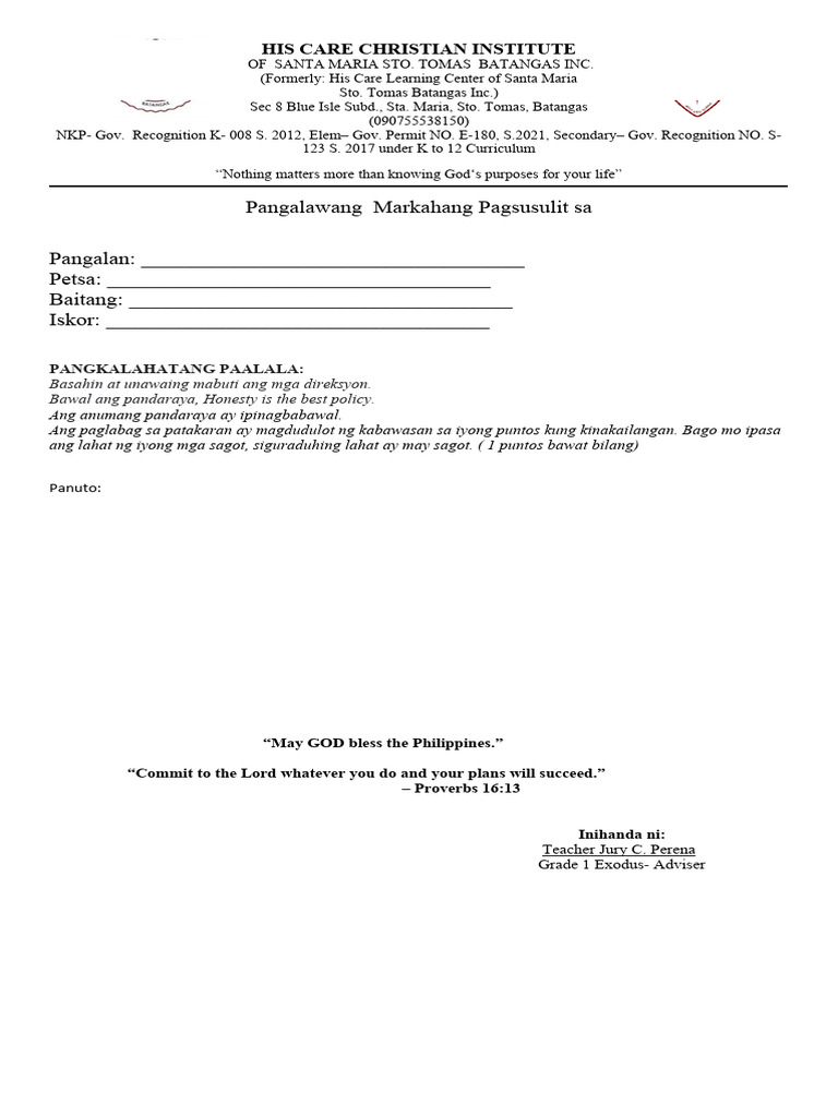 Exam Templates (TAGALOG) | PDF