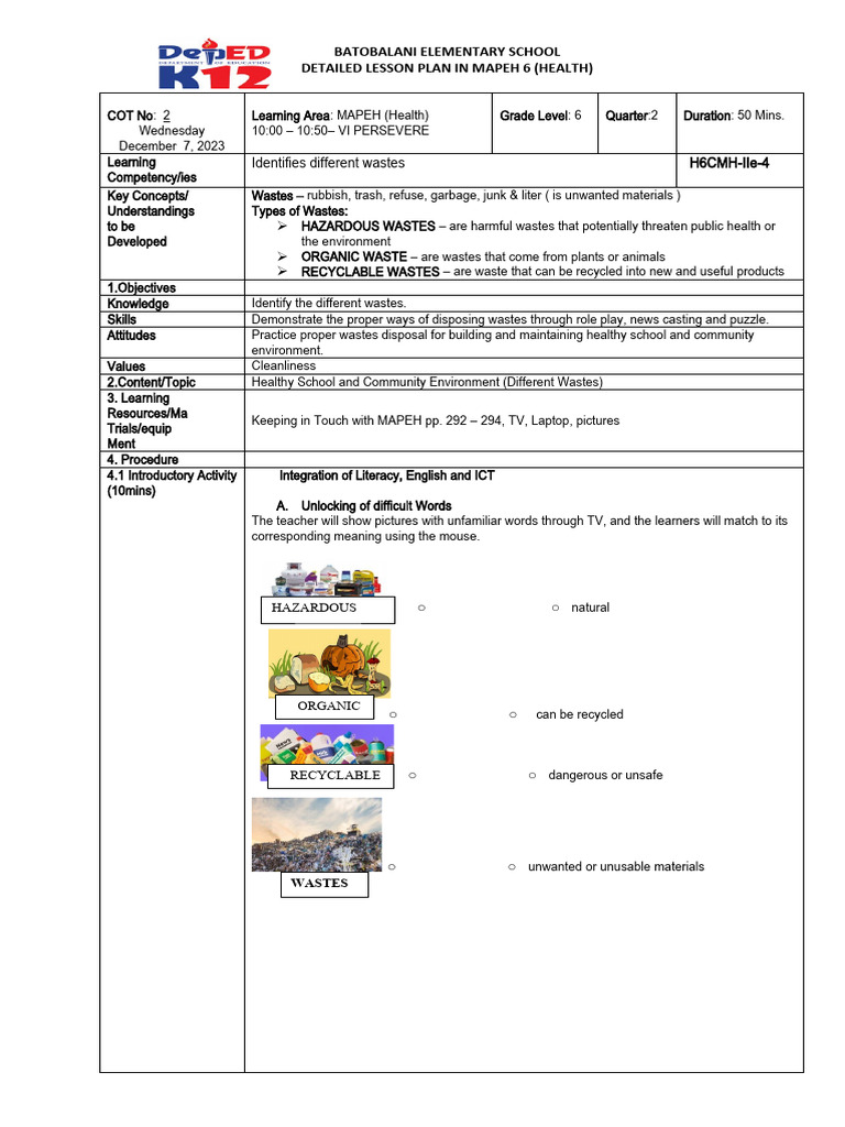Waste Management Lesson Plan for Grade 6 | PDF | Waste | Recycling