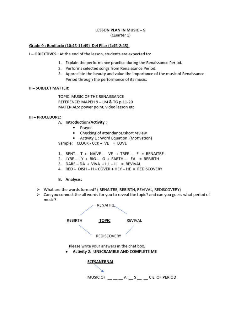 Lesson Plan in Music - 9 | PDF | Art