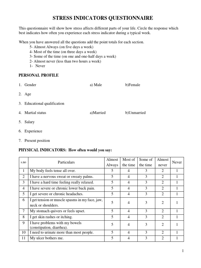 Stress Indicators Questionnaire | PDF | Stress (Biology) | Sleep