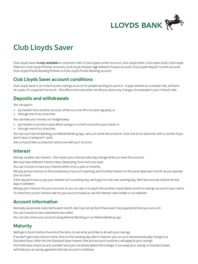 Club Lloyds Saver Conditions | PDF | Transaction Account | Banks
