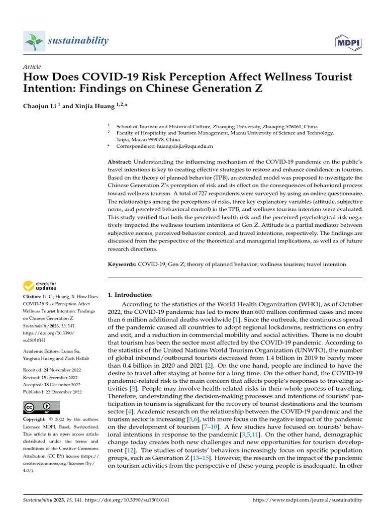 How Does COVID19 Risk Perception Affect Wellness Tourist Intention ...