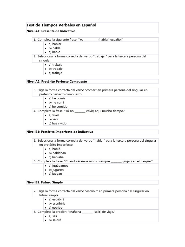 Test de Tiempos Verbales en Español | PDF | Verbo | Morfología Lingüística