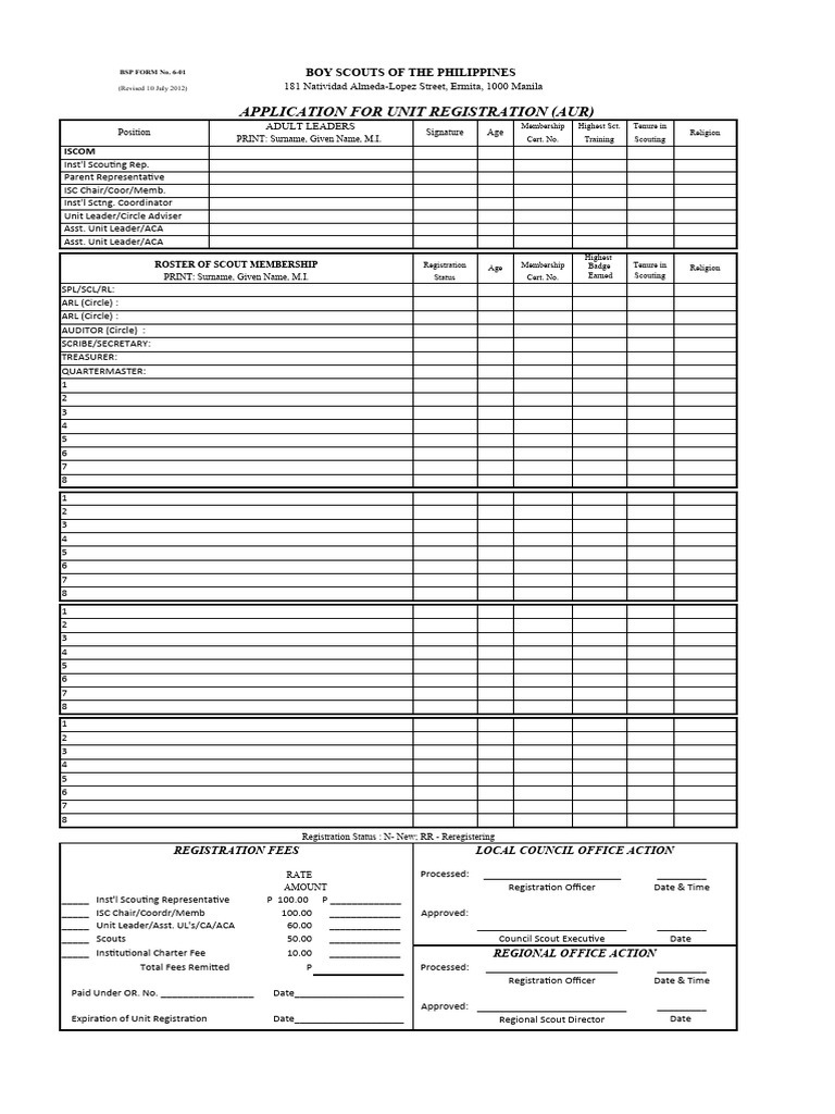 Boy Scouts Unit Registration Form | PDF | Scouting | Girl Guiding And ...
