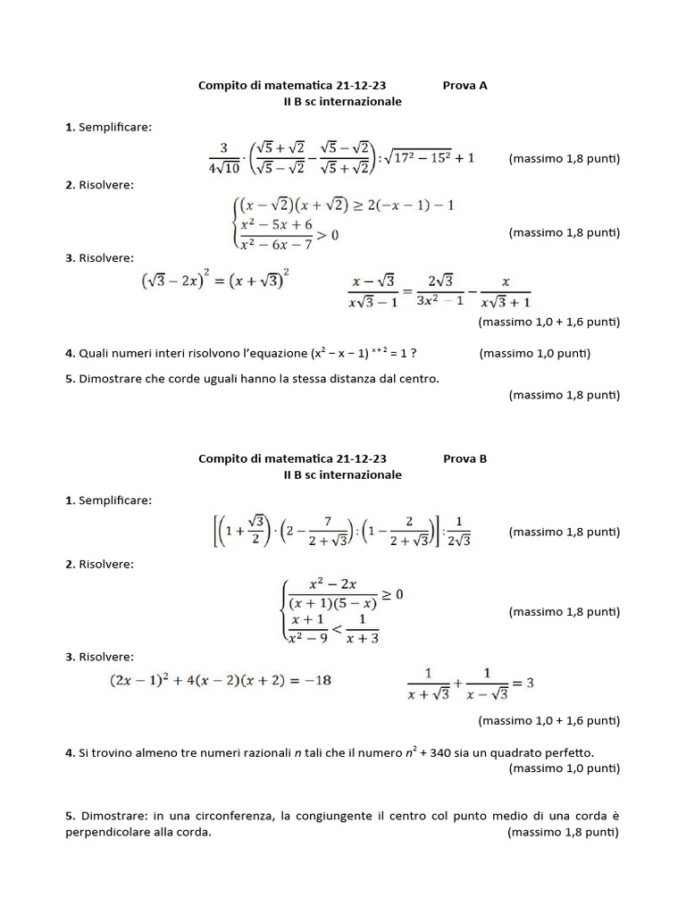 Compito Di Matematica 21-12-23 | PDF