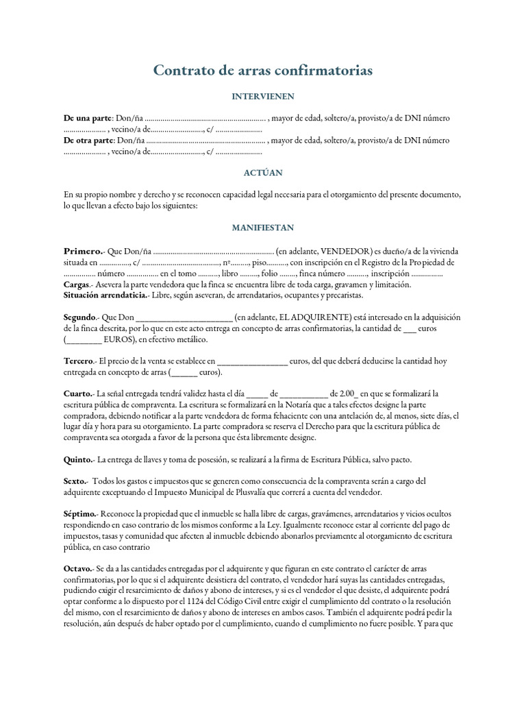 Contrato de Arras o Senal Confirmatorias Compressed | Descargar gratis PDF | Ley común | Derecho ...