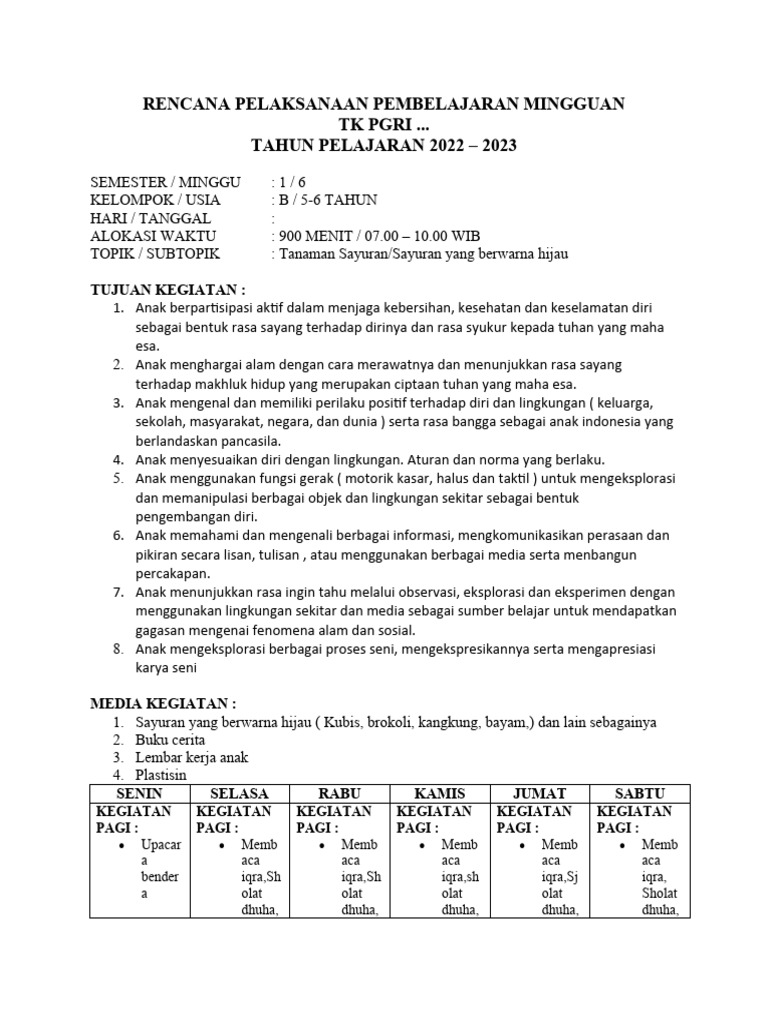 Rencana Pelaksanaan Pembelajaran Mingguan | PDF