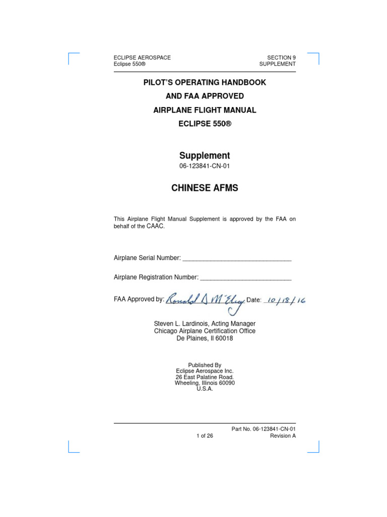 Pilot'S Operating Handbook and Faa Approved Airplane Flight Manual ECLIPSE 550® | PDF