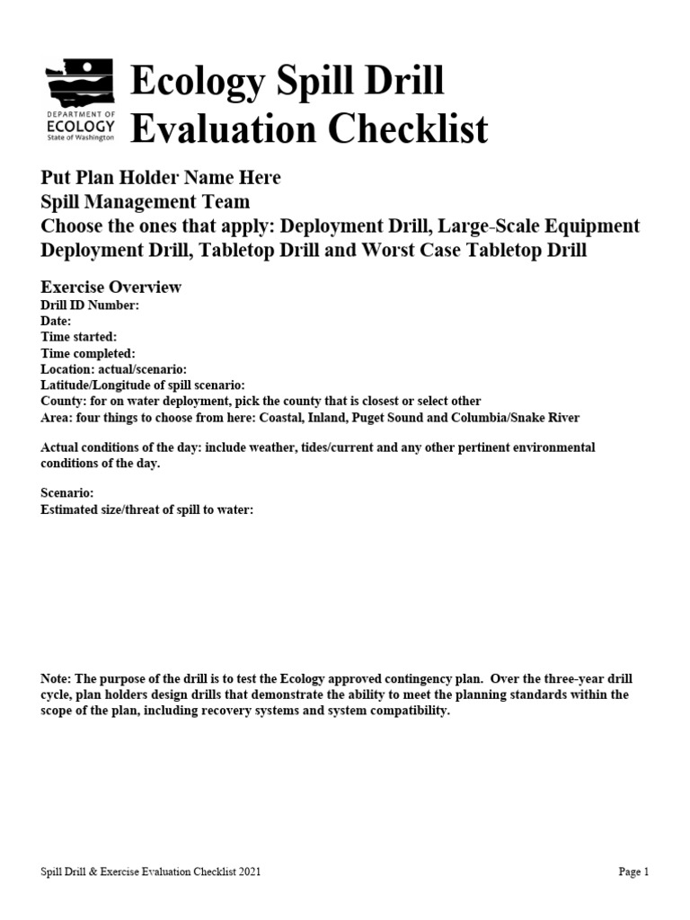 Ecology Spill Drill Evaluation Checklist | PDF | Incident Command ...