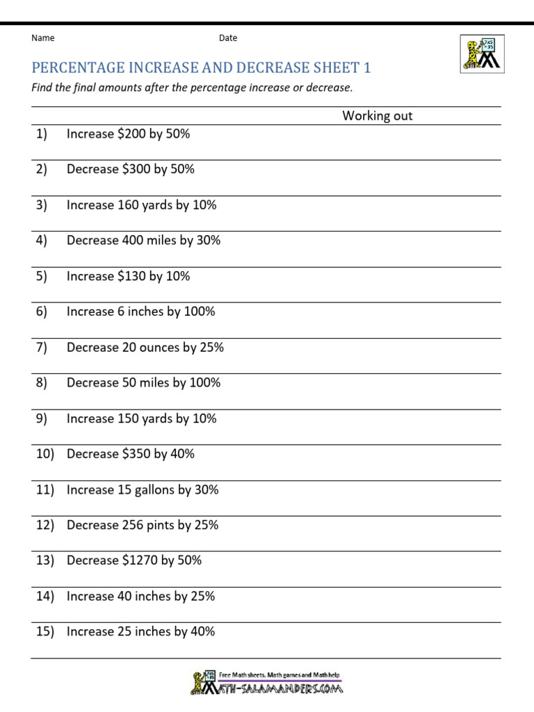 Percentage Increase and Decrease Worksheet 1 | PDF | Gallon | Alcoholic ...