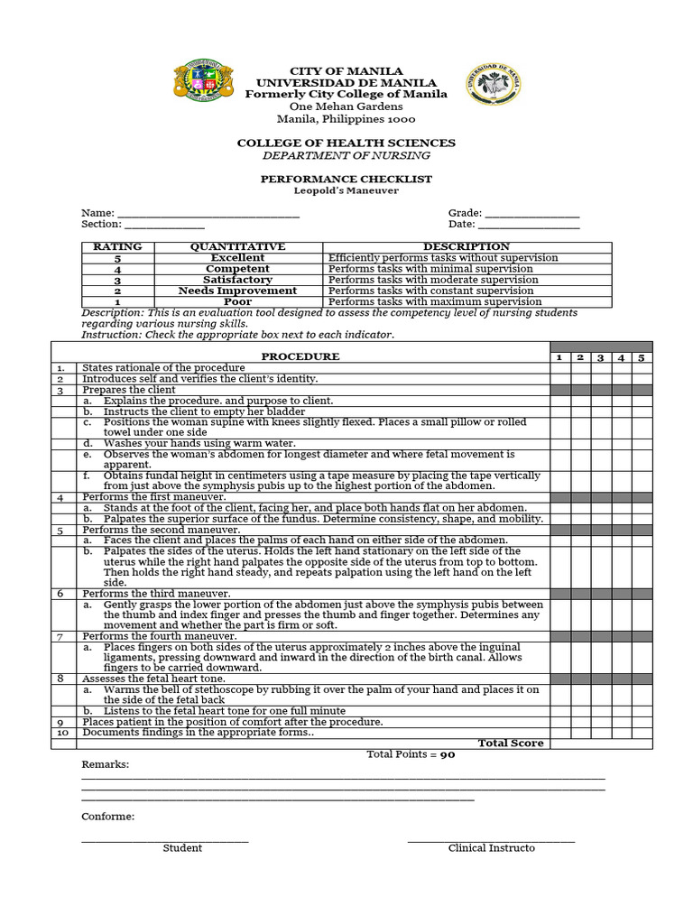 Leopold's Maneuver Performance Checklist | PDF | Medical Specialties