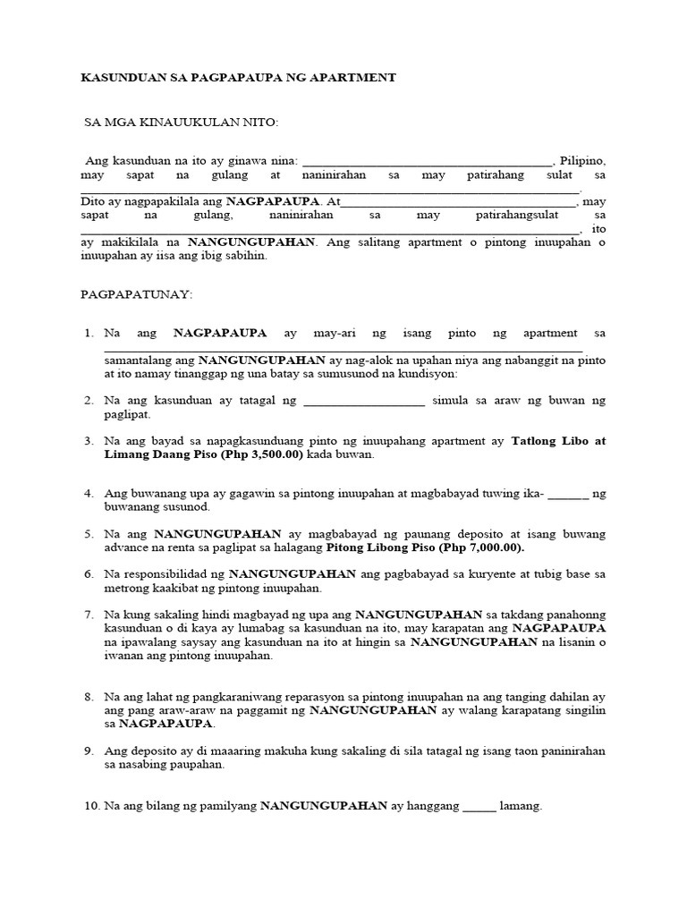 Kasunduan Sa Pagpapaupa NG Apartment | PDF