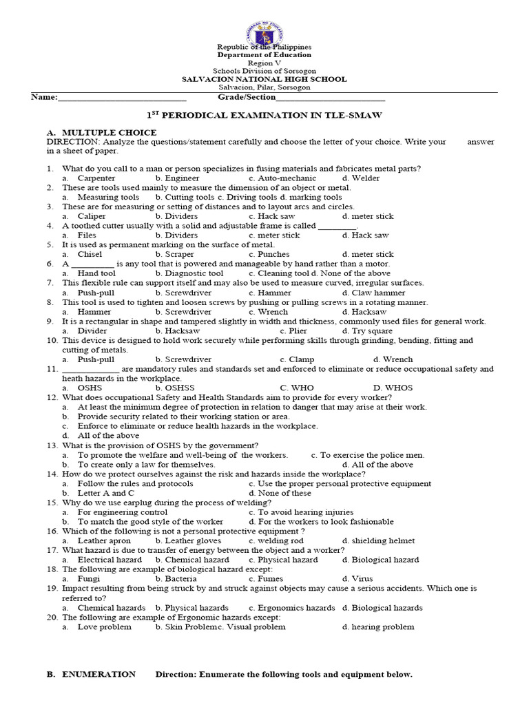 1st Summative Test in Tle Smaw | PDF | Hazards | Personal Protective ...