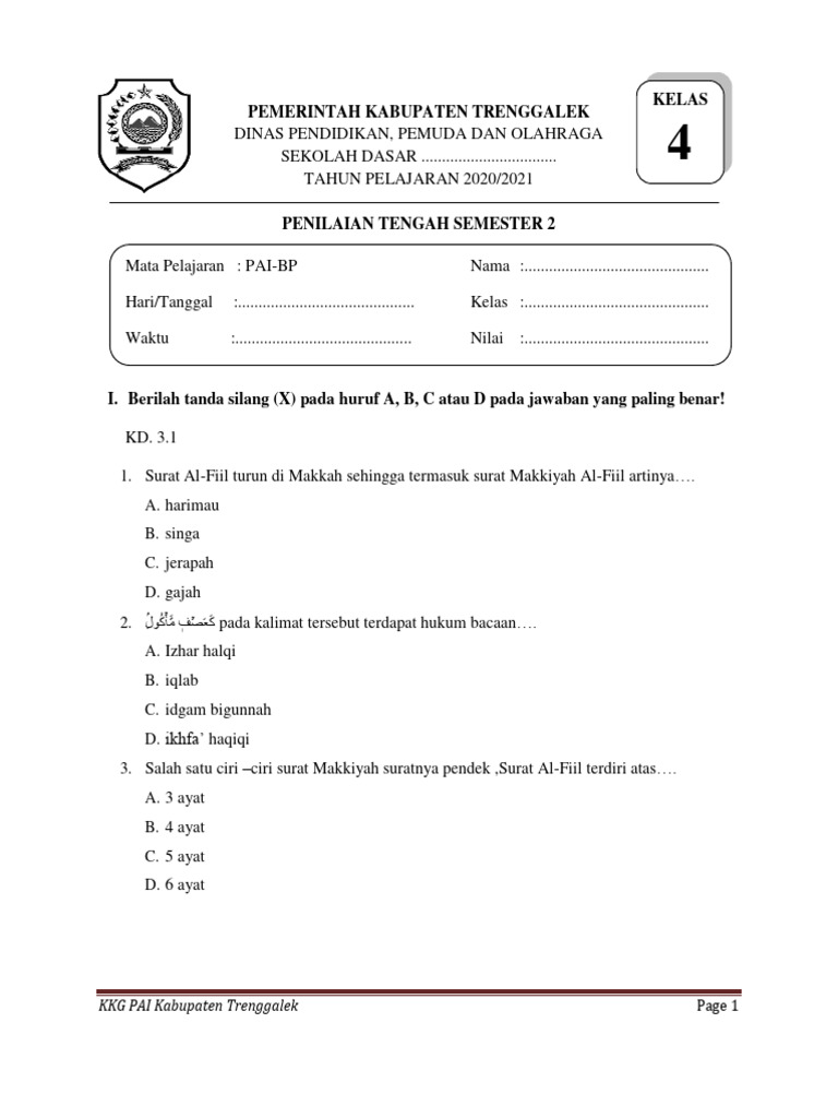 PTS PAI Kelas 4 Smt. Genap Jadi | PDF
