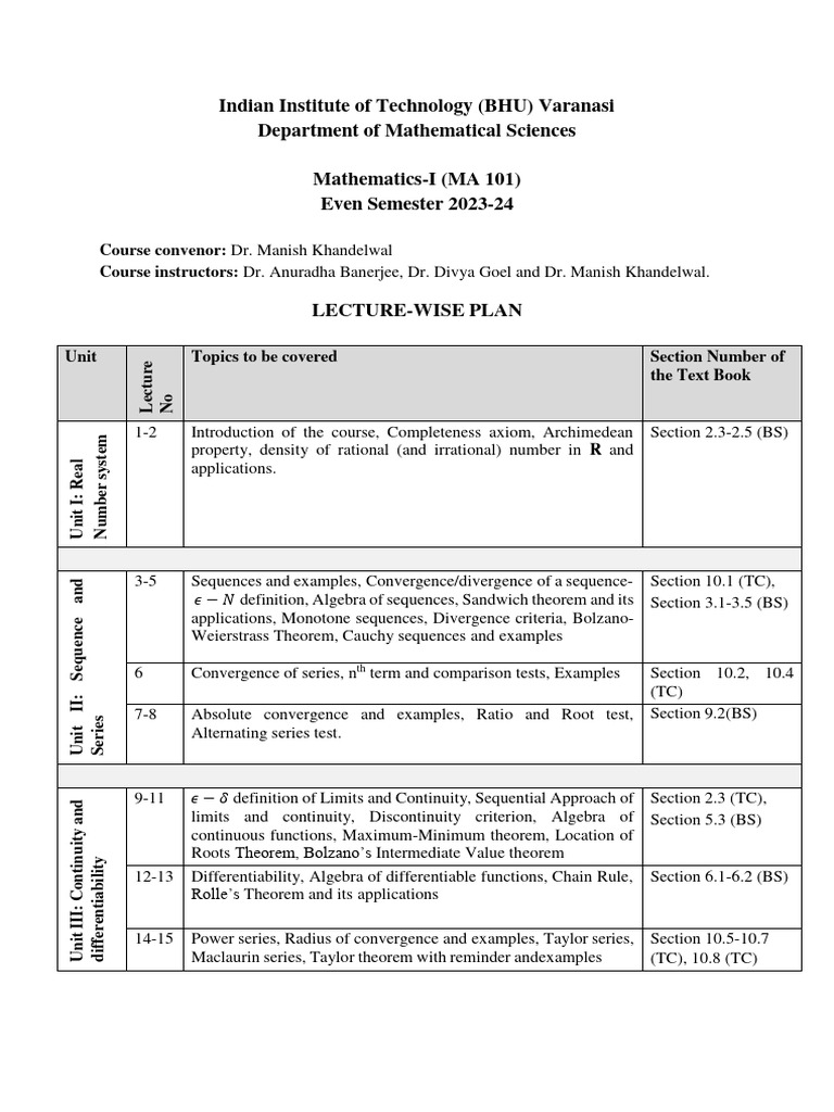 MA101-2023-24 - Evensem Syallabus | PDF