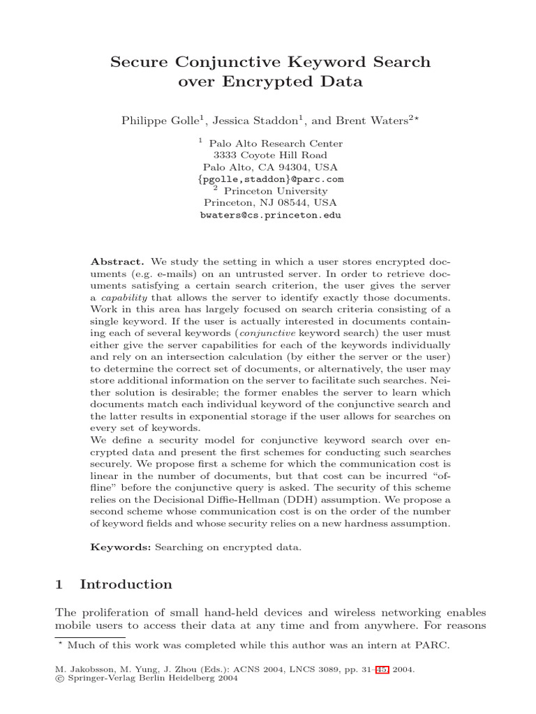 Secure Conjunctive Keyword Search Over Encrypted Data | PDF | Cryptography | Public Key Cryptography