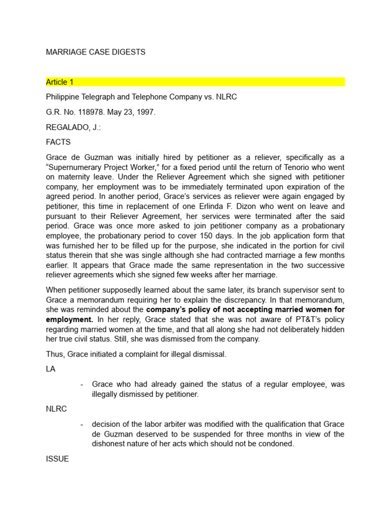 Marriage Case Digests | PDF | Annulment | Article One Of The United ...