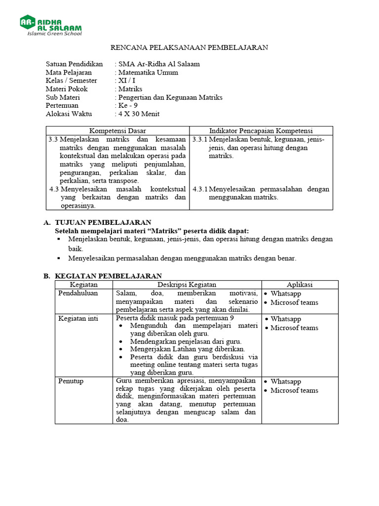 RPP 9 MTK Wajib Xi | PDF