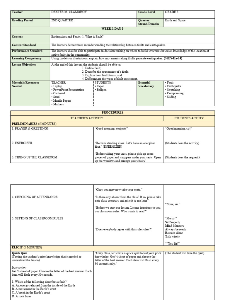 7e Lesson Plan - Day 1 | Download Free PDF | Earthquakes | Fault (Geology)