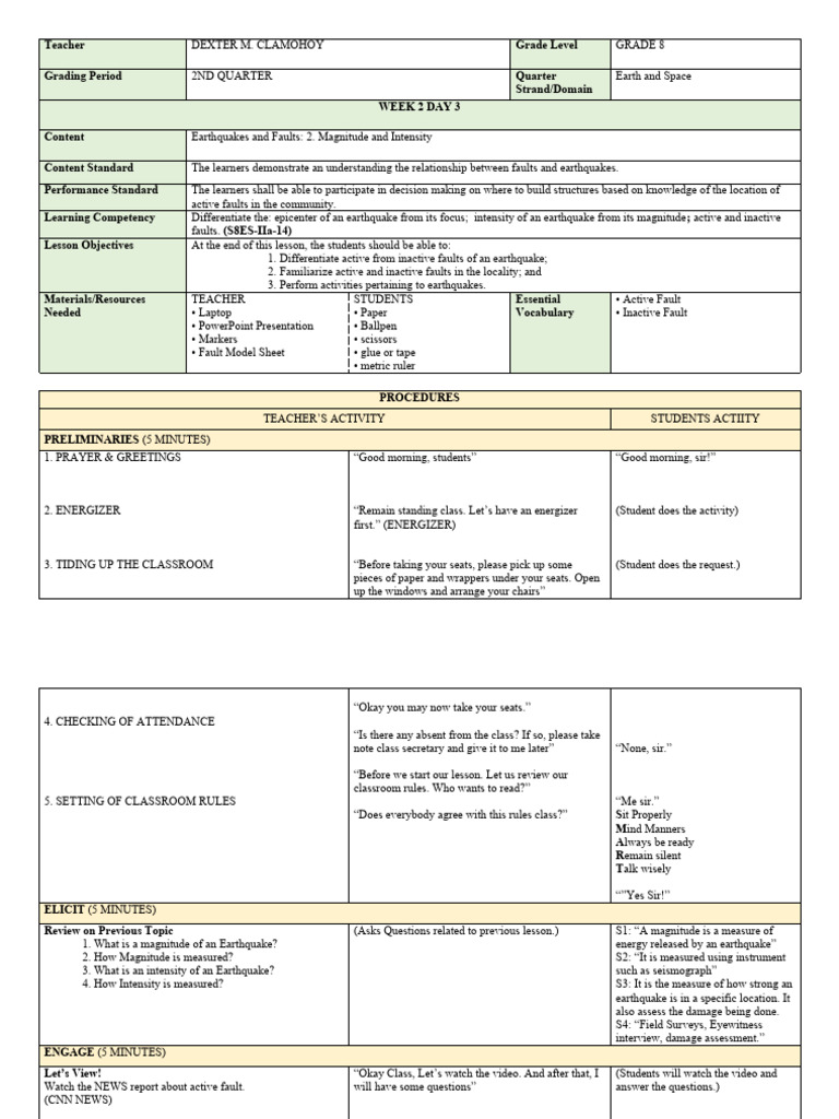 7E LESSON PLAN - Week 2 - Day 3 | PDF | Earthquakes | Fault (Geology)