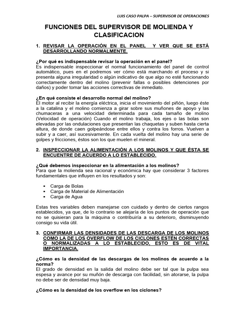 Funciones Del Supervisor de Molinos | PDF | Ácido | Calcio