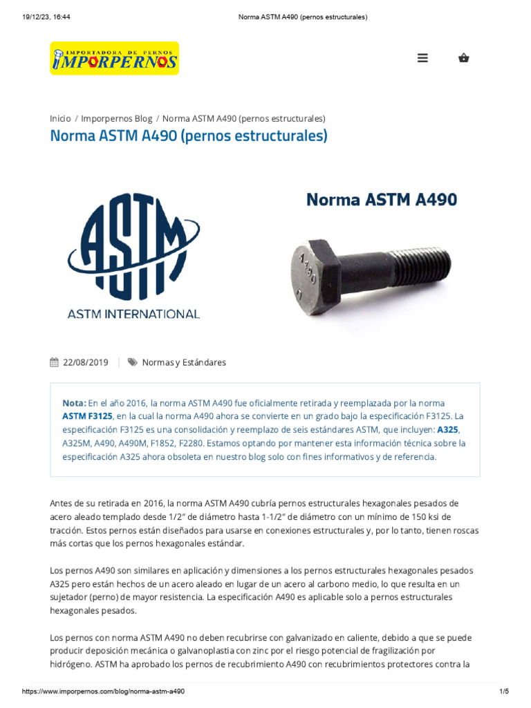 Norma ASTM A490 (Pernos Estructurales) | PDF | Acero | Sustancias químicas