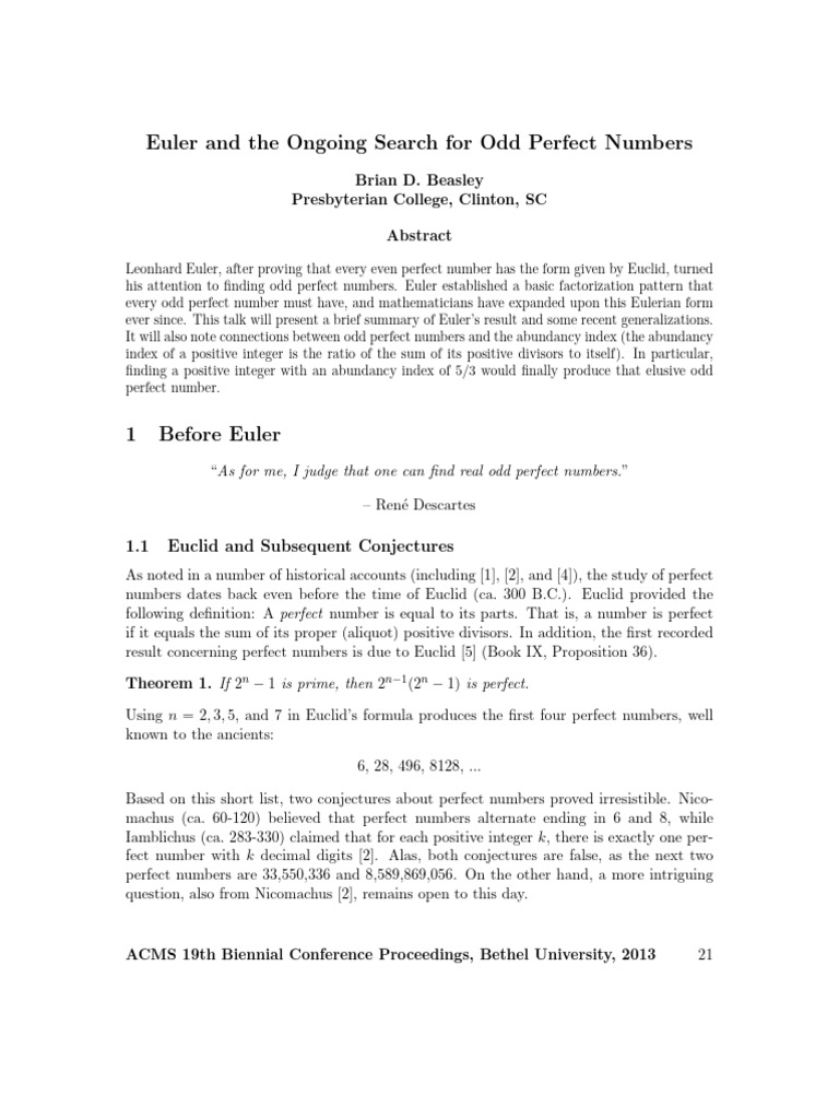 Euler and The Ongoing Search For Odd Perfect Numbers | PDF | Numbers | Mathematics