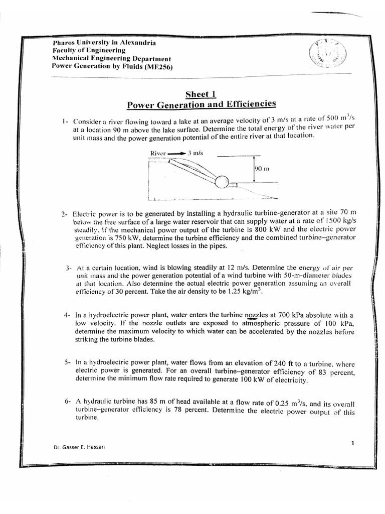 Sheet (1) With Model Answer (Power Generation) .Engineering | PDF