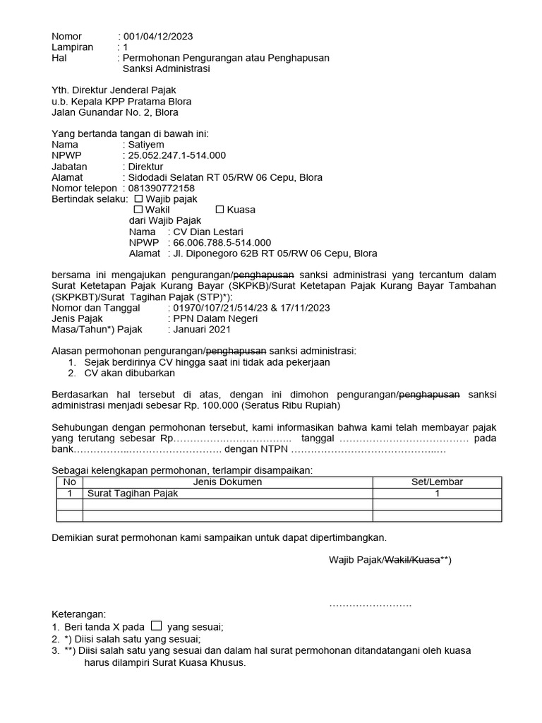16 Permohonan Pengurangan Dan Penghapusan Sanksi Administrasi STP | PDF