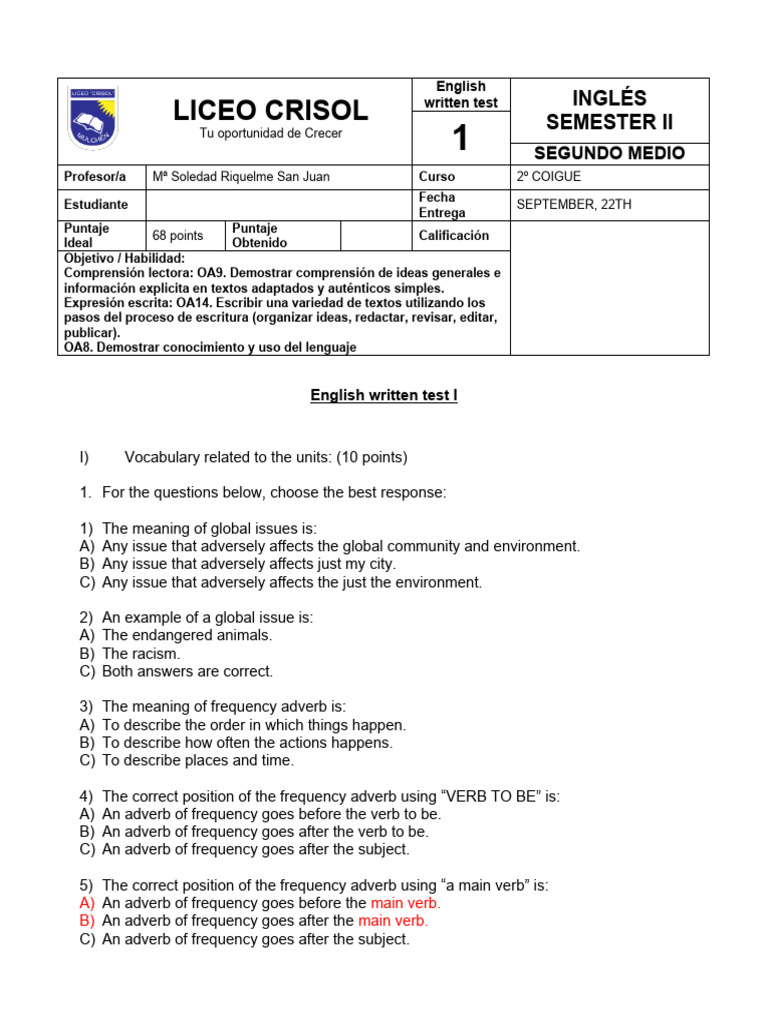 ENGLISH WRITTEN TEST 2º COIGUE SEMESTER II | PDF | Lunch | Relaxation ...