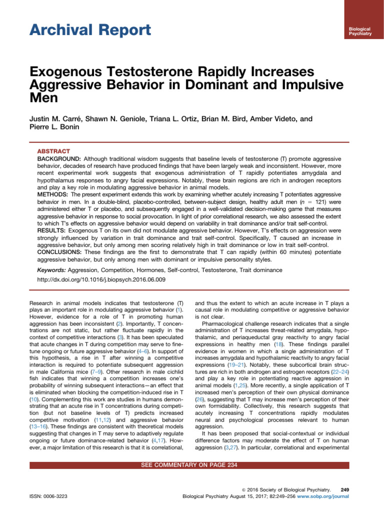Carré2016 Exogenous Testosterone Increases Aggressive Behavior | PDF ...