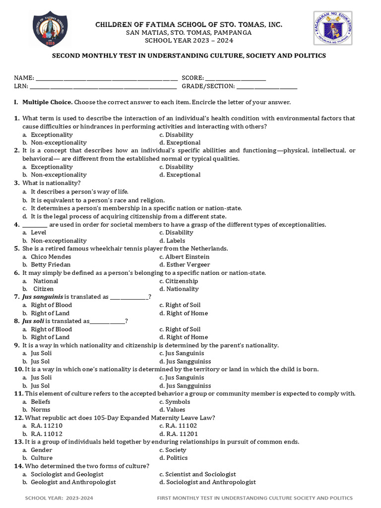 2nd Monthly Test UCSP | PDF | Sociology | Behavioural Sciences