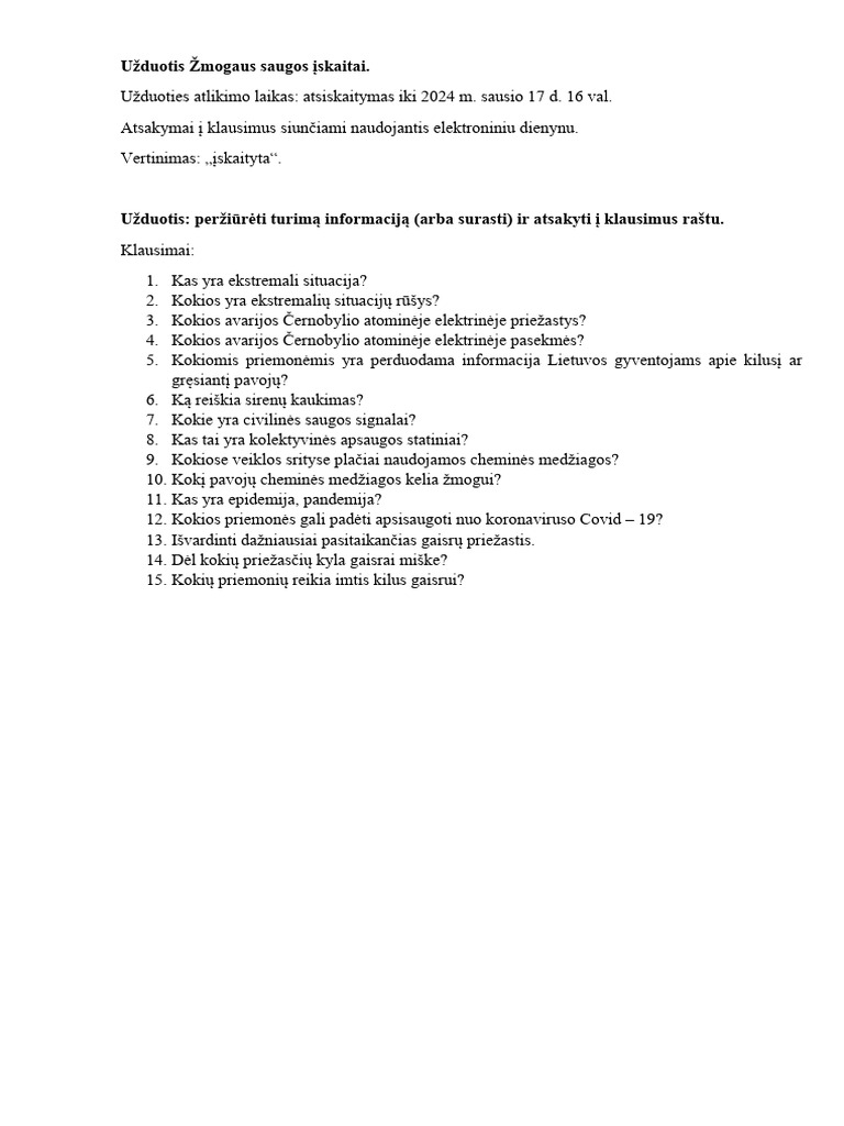 Uzduotis - II - Klasei. Žmogaus Saugos Įskaitai. | PDF