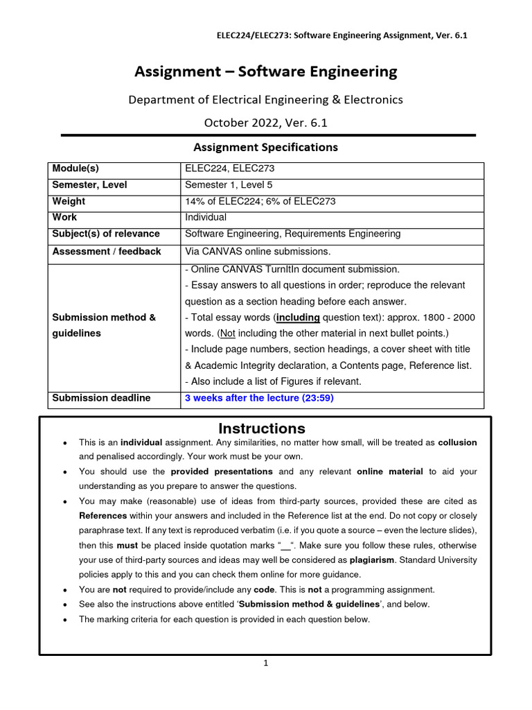 Software Engineering Assignment 2022-23 | PDF | Software | Software ...