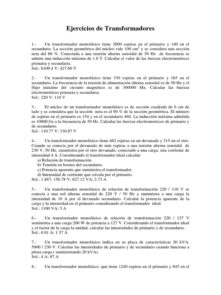 EJERCICIOS TRANSFORMADORES 1 | PDF | Transformador | Corriente eléctrica