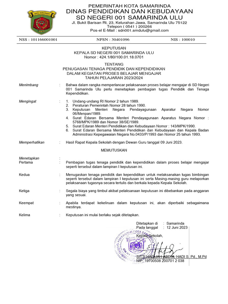 SK - Pembagian Tugas 2023 - 2024 | PDF
