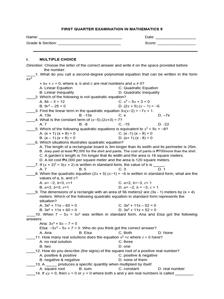 Math 9 - Q1 | PDF | Equations | Quadratic Equation