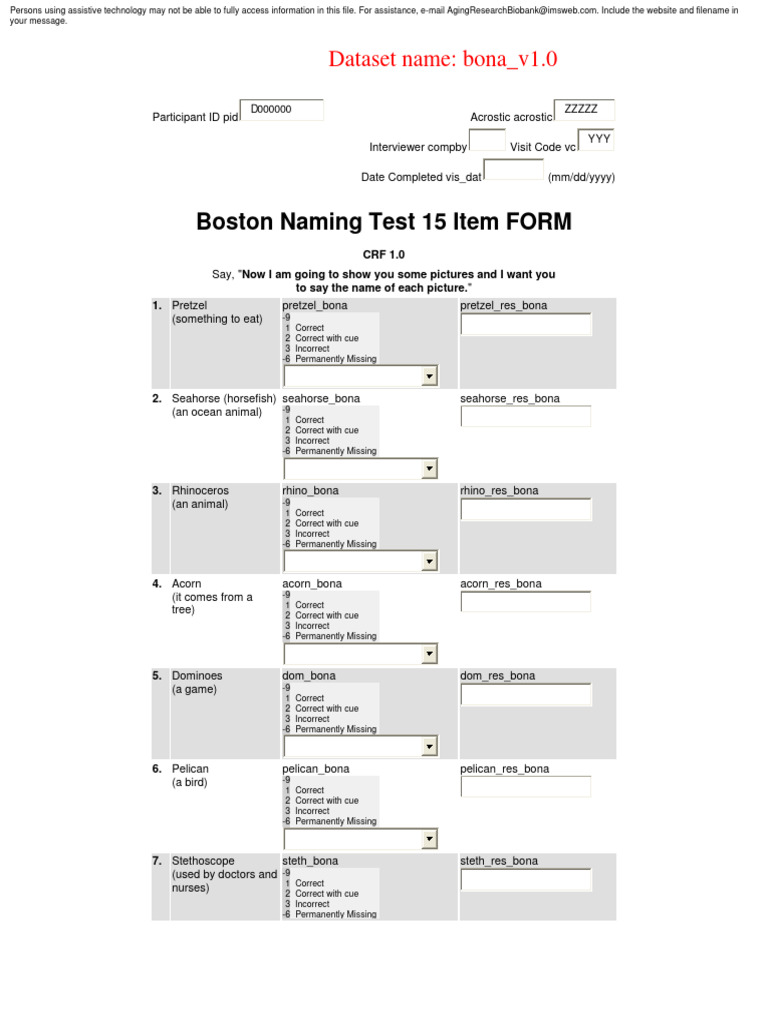 Boston Naming Test 15-Item Form | PDF