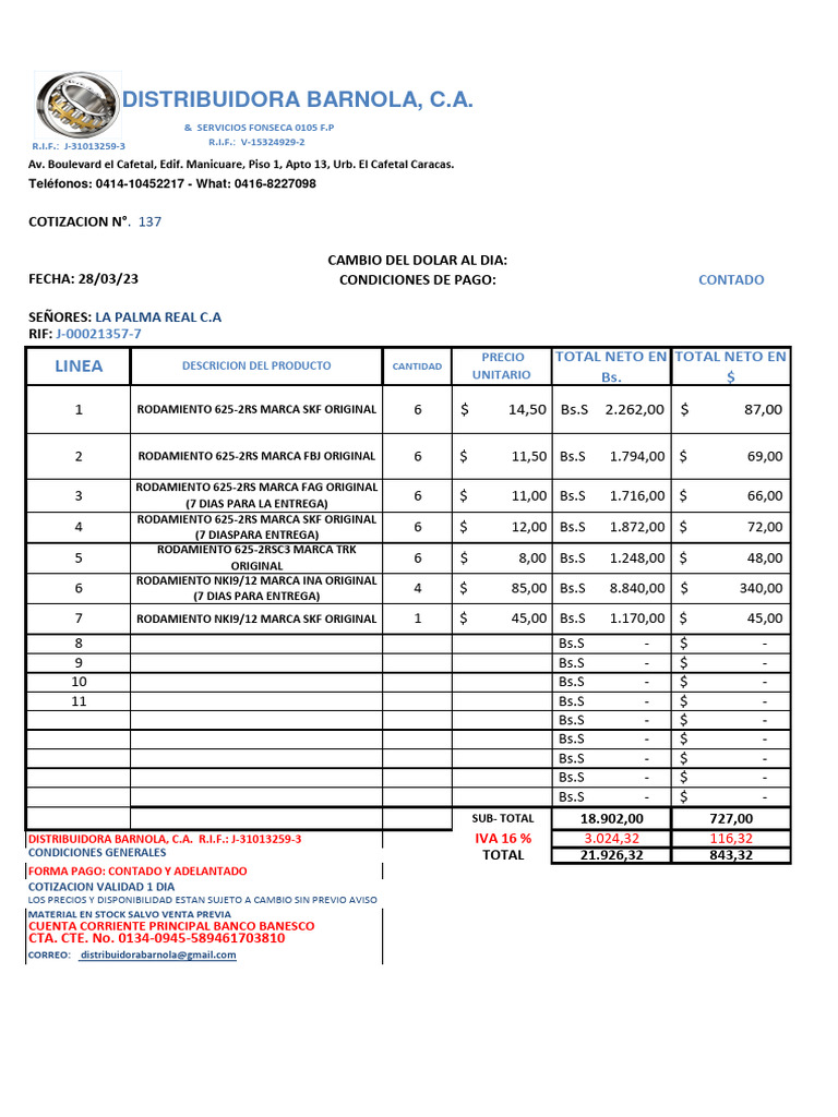 Cotizacion 137 Distribuidora Barnola, C | PDF