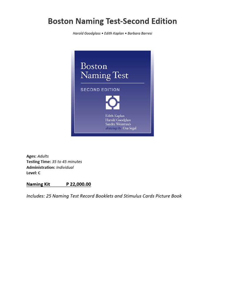 Boston Naming Test-Second Edition | PDF