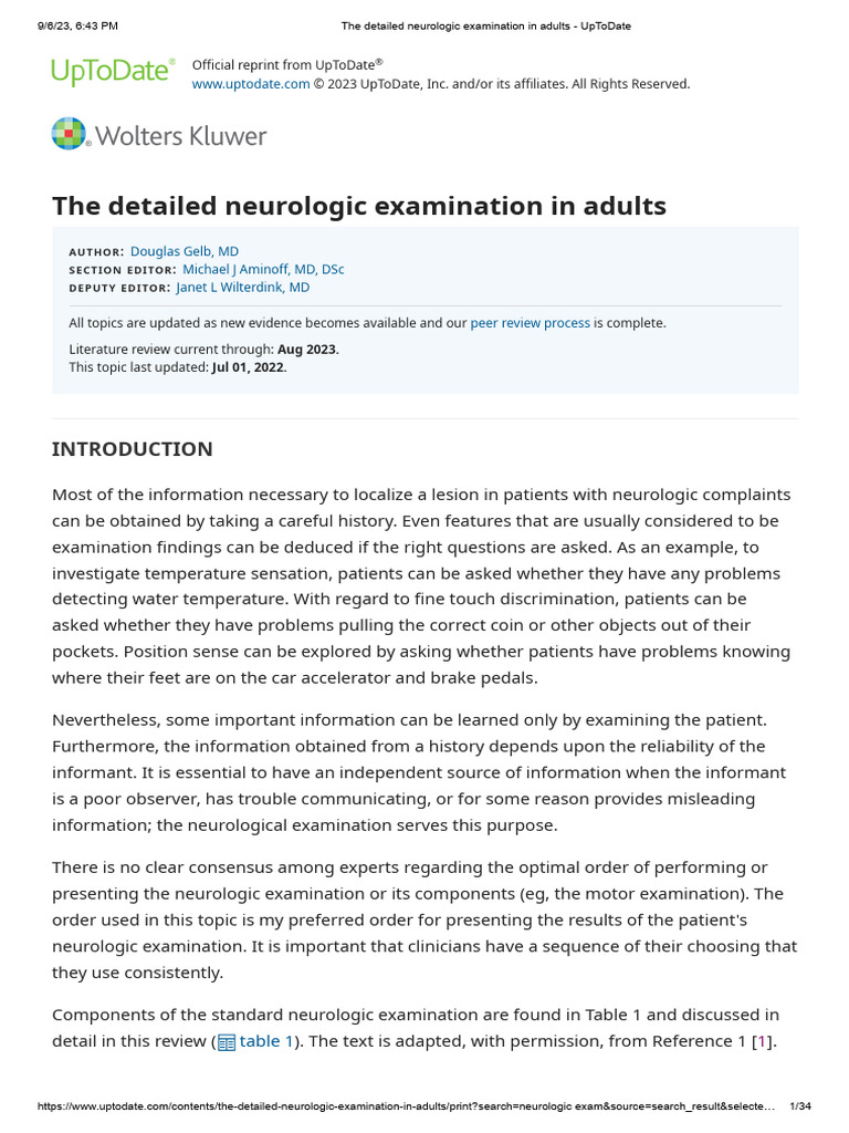 Detailed Neurologic Examination in Adults - UpToDate | PDF | Anatomical ...
