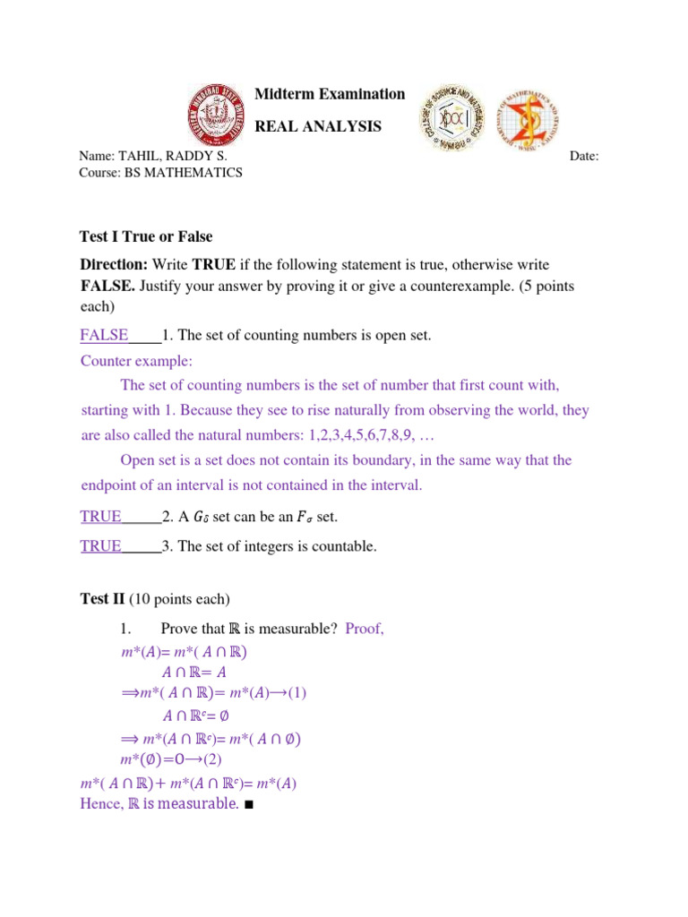 Tahil Raddy S Math 151 Midterm Exam | PDF | Real Number | Measure (Mathematics)