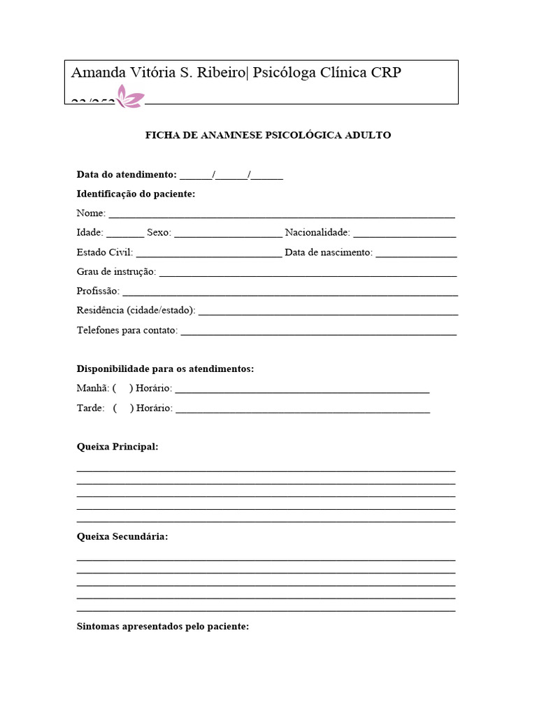 Ficha de Anamnese Psicológica (Adulto) | PDF