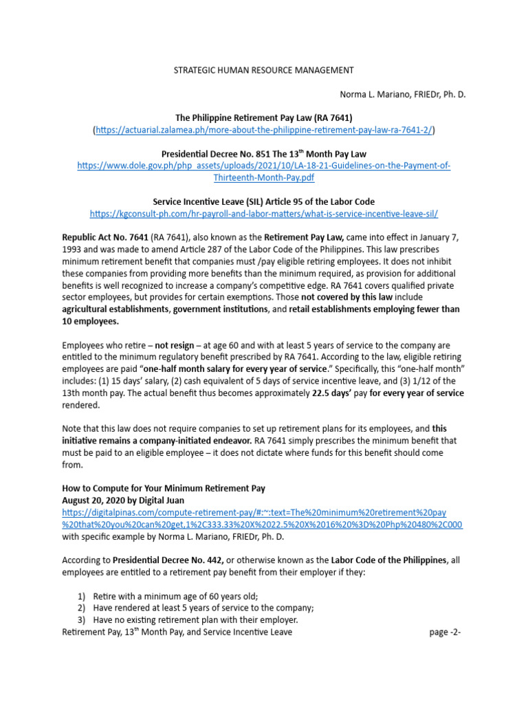 PHIL. RETIREMENT PAY LAW RA 7641 13th MONTH PAY SERVICE INCENTIVE LEAVE ...