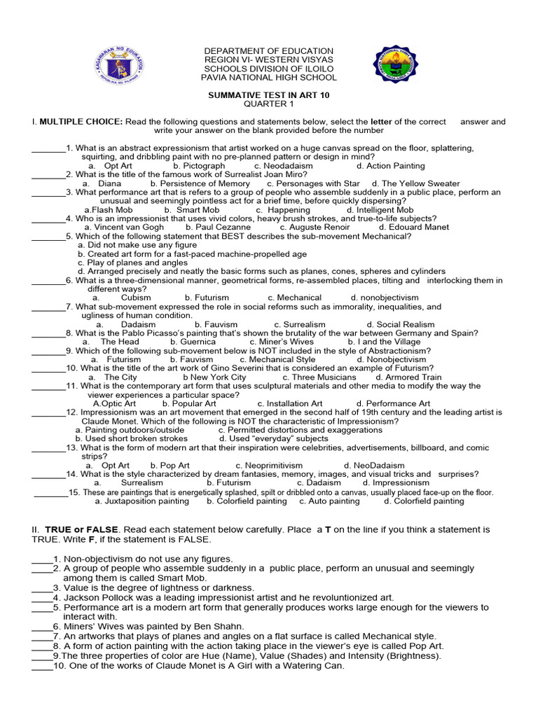 Art 10 Summative Test - Quarter 1 | PDF | Paintings | Impressionism