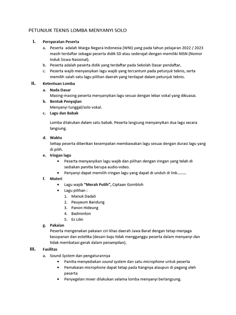 Petunjuk Teknis Lomba Menyanyi Solo | PDF
